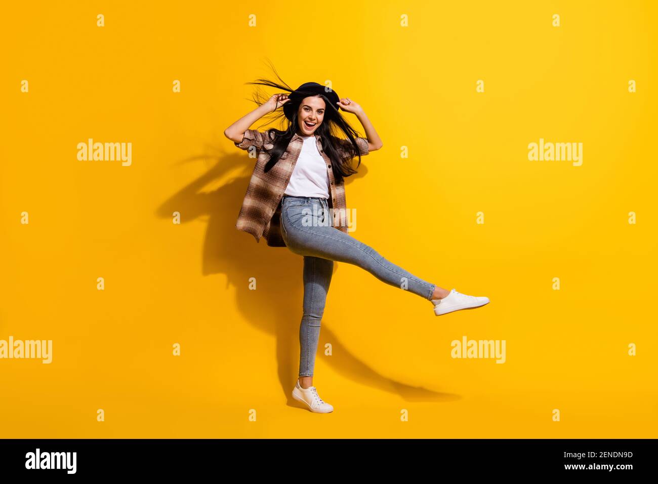 Full length photo of young cheerful girl happy positive smile have fun ...