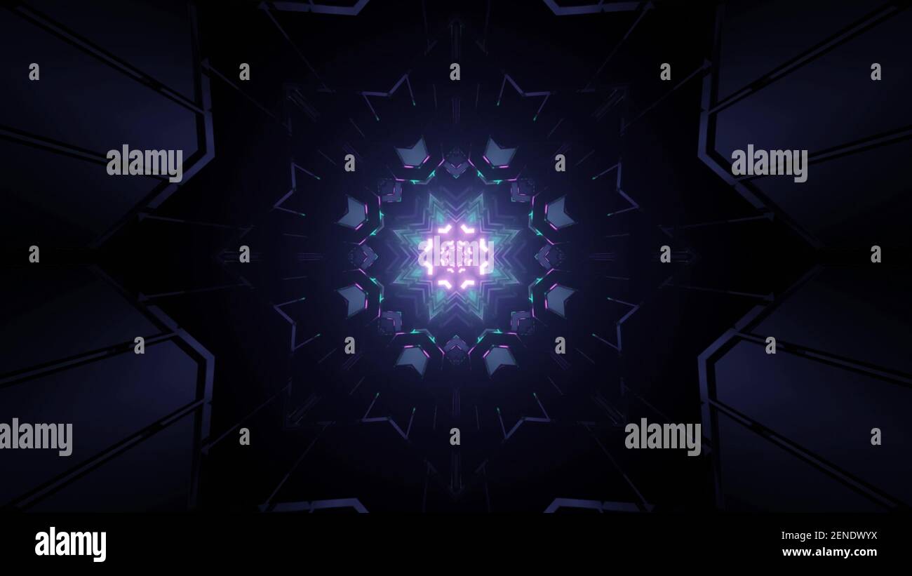 Symmetric kaleidoscope pattern with luminous figures in 3D illustration ...