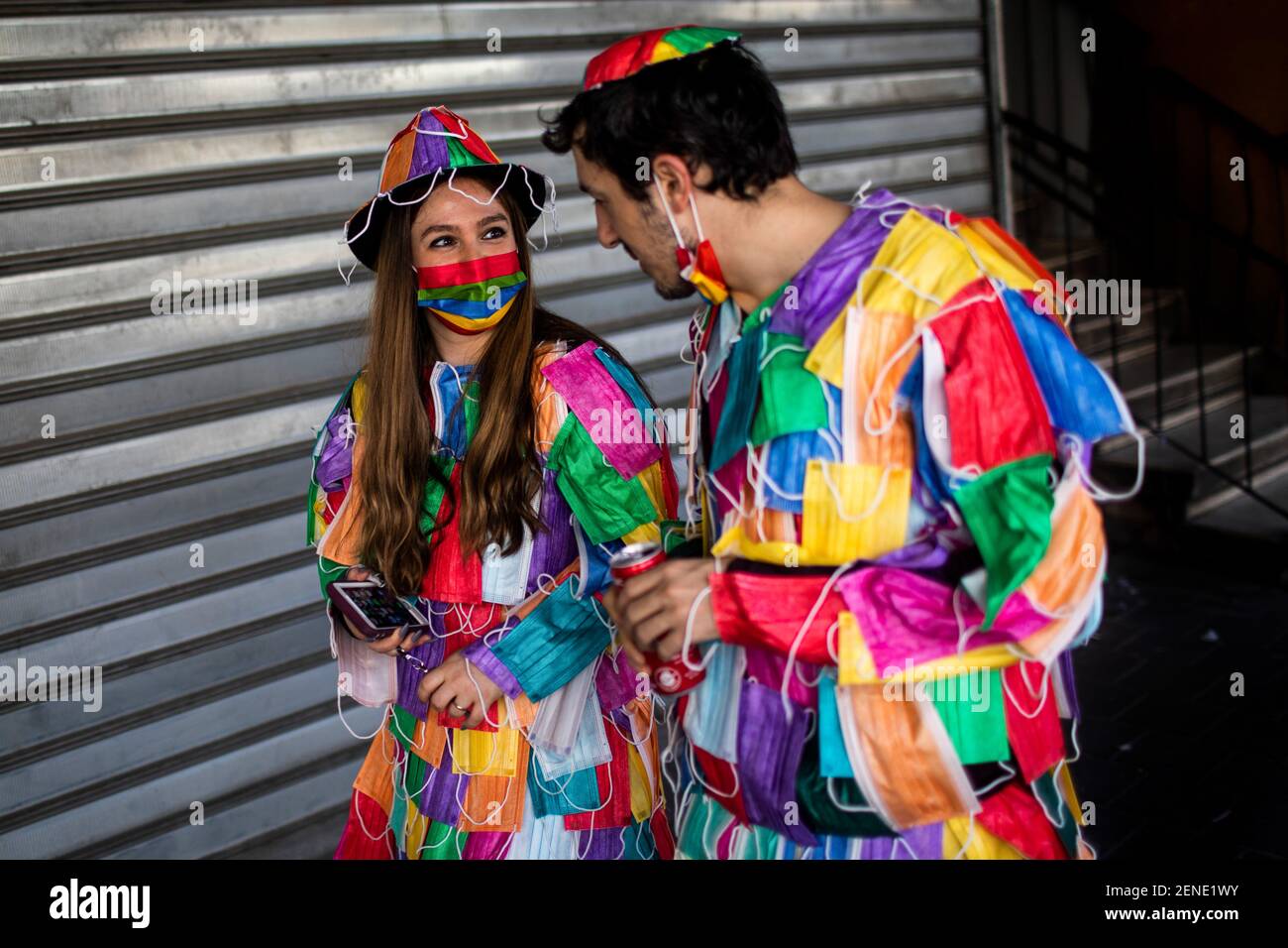 Bnei Brak, Israel. 26th Feb, 2021. A couple, wearing costumes made out ...