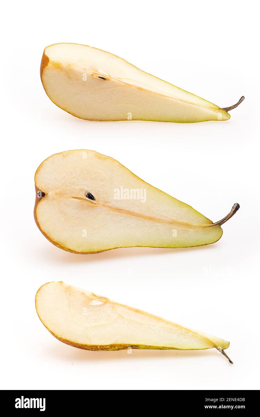 Cut yellow pear fruits. Collection of yellow pear pieces of different ...