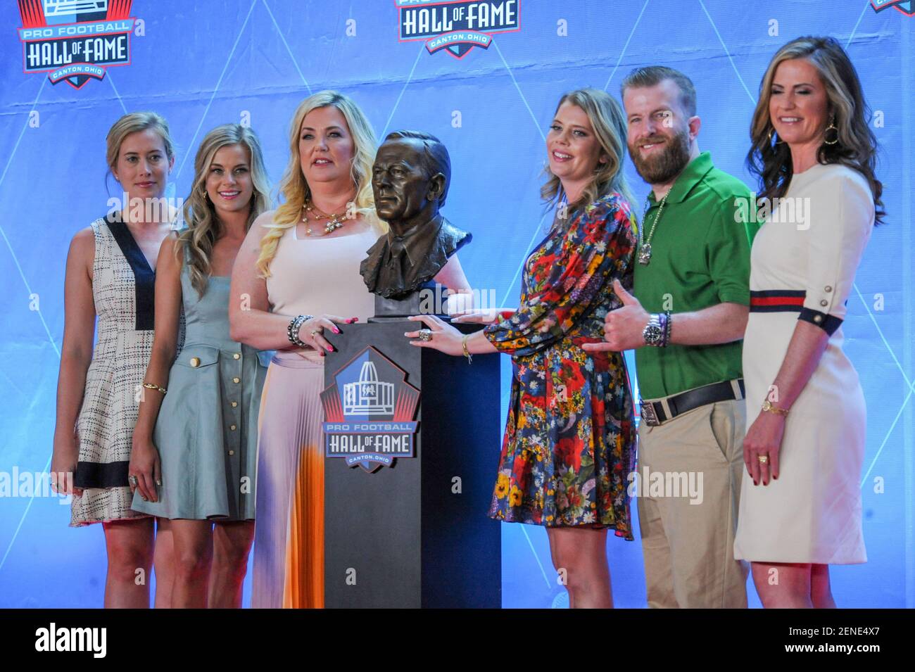 August 3rd, 2019: Pat Bowlen's children posing with his bust during the ...