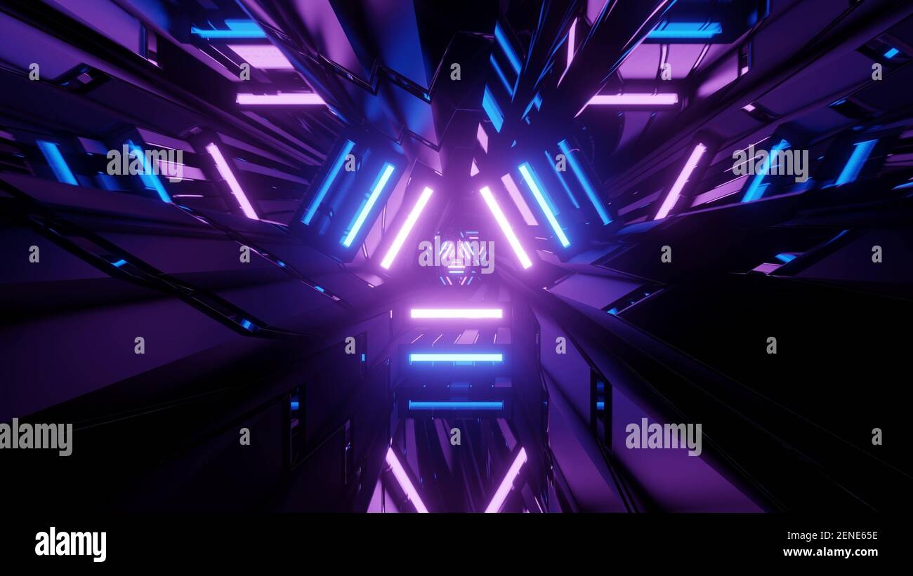 3D illustration of dark cyberspace with blue and purple neon lights ...