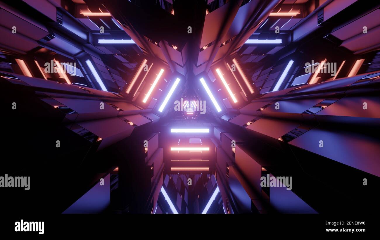 3D illustration of neon light reflecting in shiny labyrinth lines Stock ...