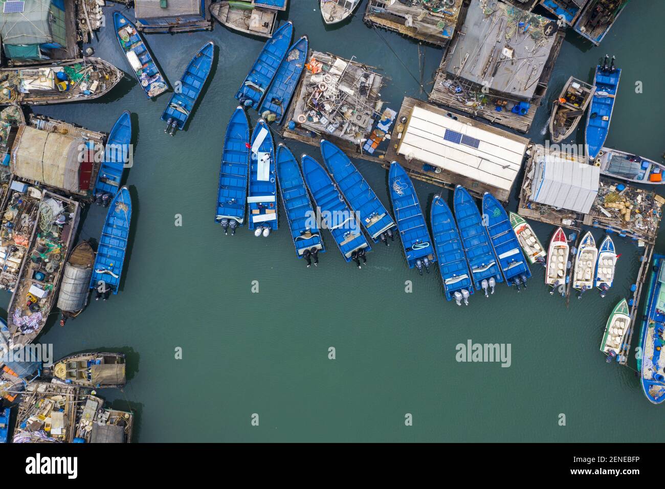 Aerial view of the fishing boats docked at a port in Beihai city, south ...