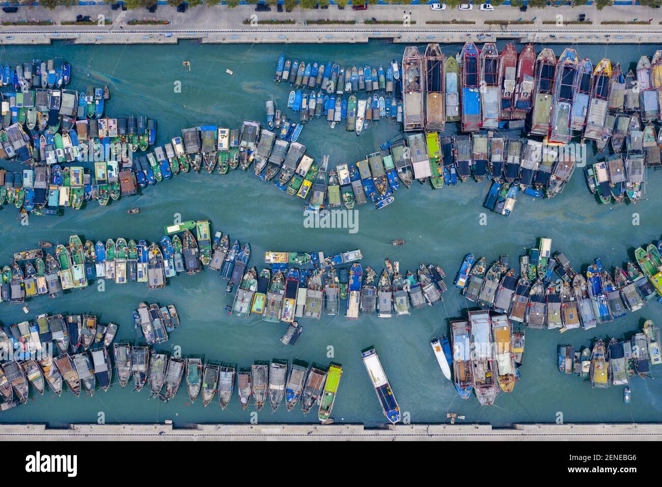 Aerial view of the fishing boats docked at a port in Beihai city, south ...
