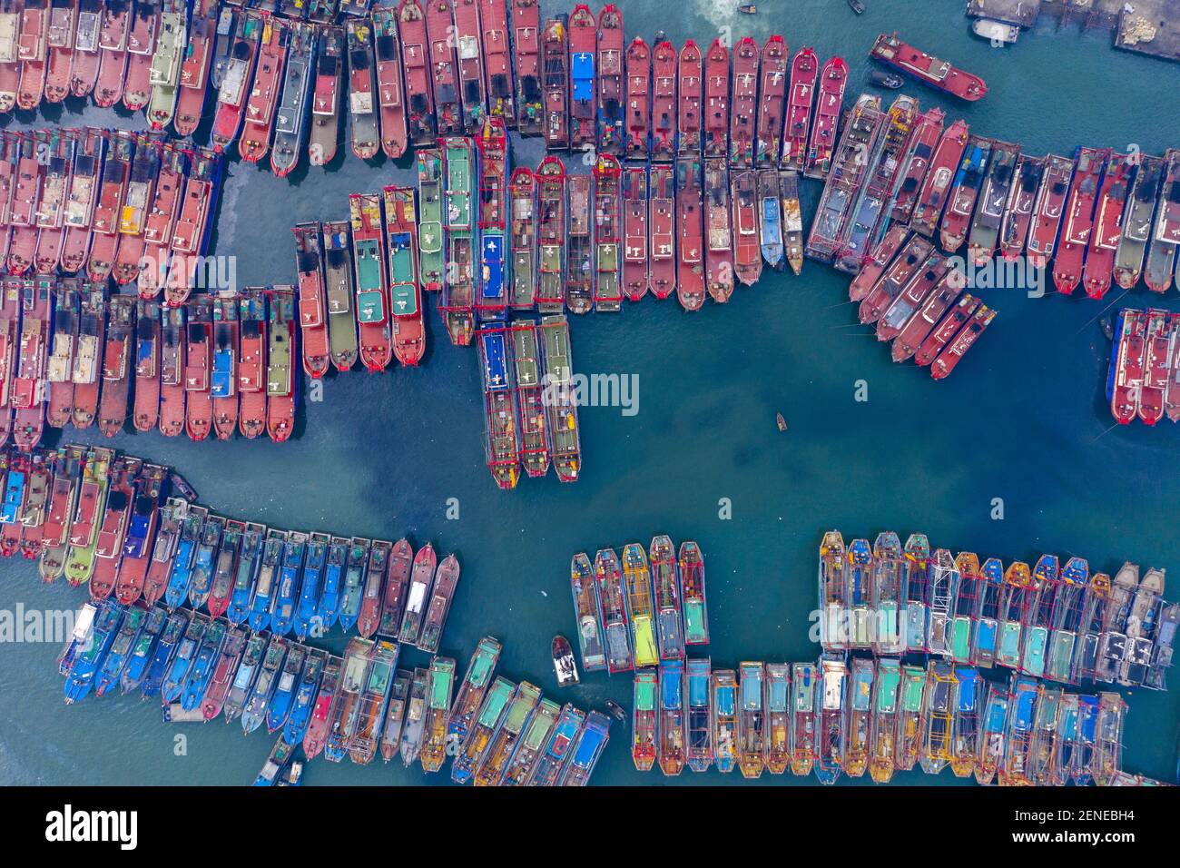 Aerial view of the fishing boats docked at a port in Beihai city, south ...