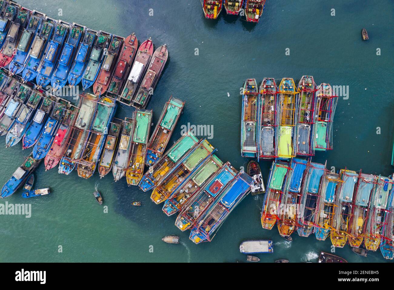 Aerial view of the fishing boats docked at a port in Beihai city, south ...