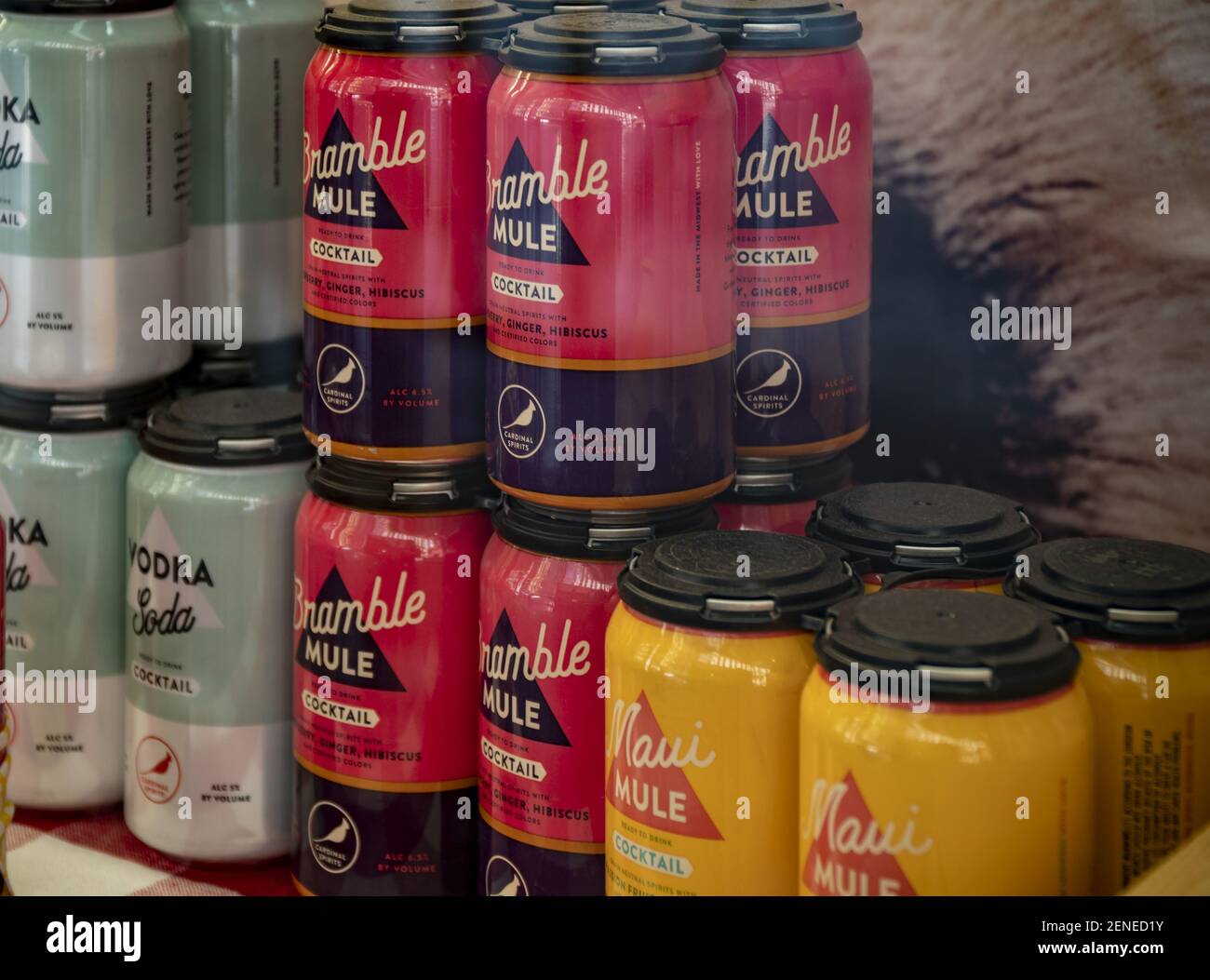 A display of Cardinal Spirits brand of canned liquor and cocktails ...