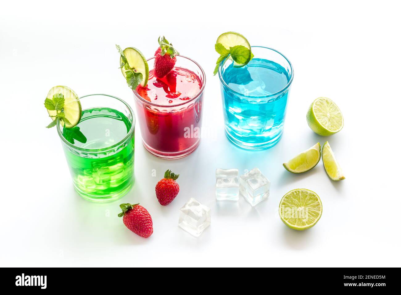 Cold green, blue and red cocktails with fresh fruits and mint Stock ...