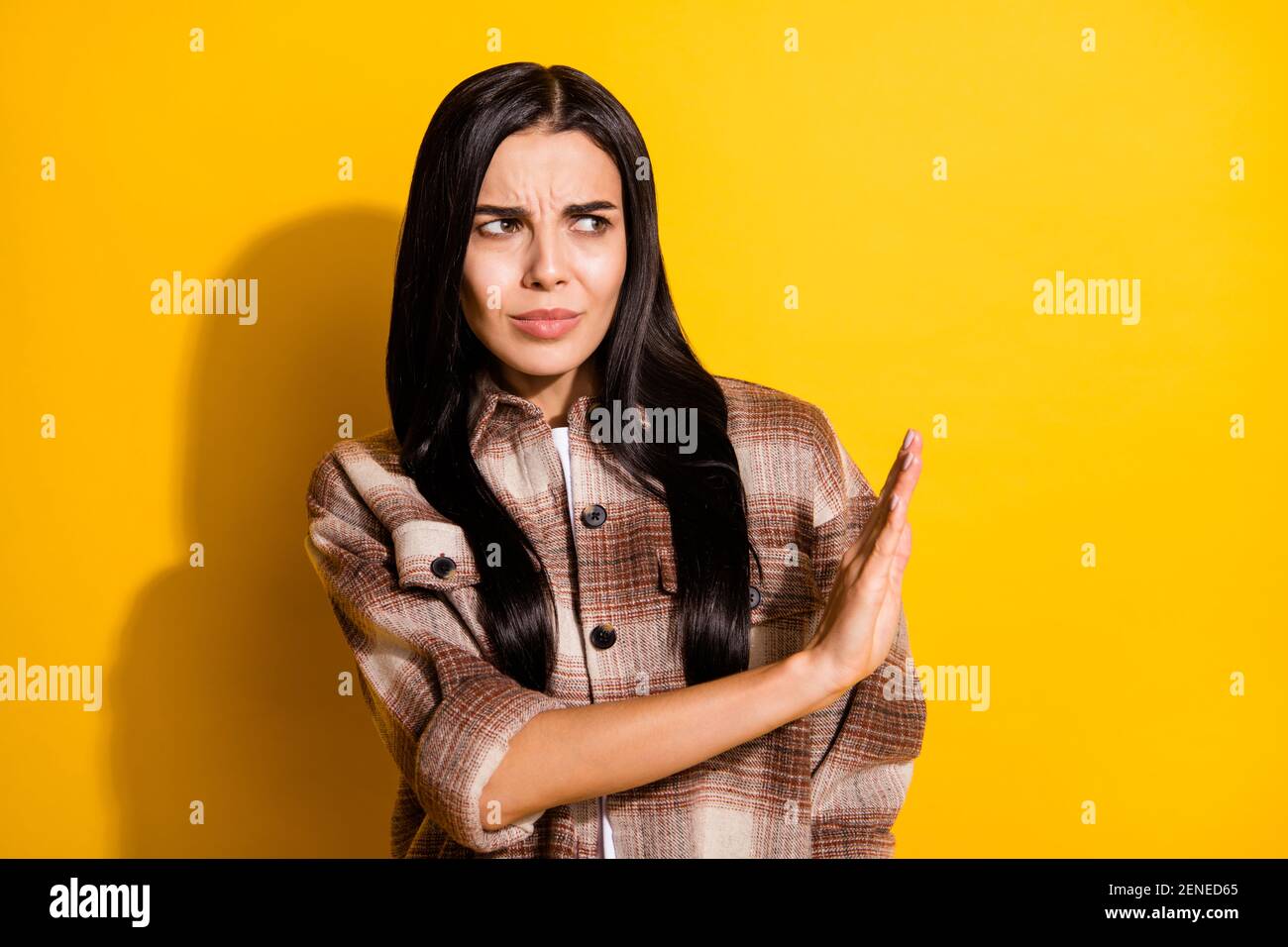 Photo of young woman unhappy upset show no stop sign decline refuse ...
