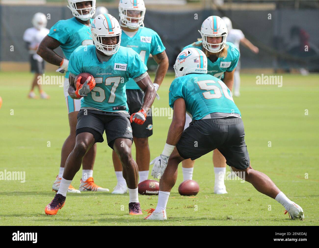 Miami Dolphins linebackers Terrill Hanks (57) and Nick DeLuca (58 ...