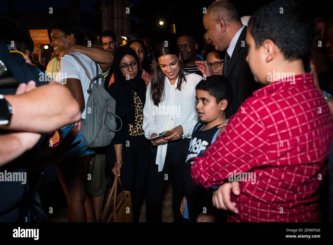 Congressmember Alexandria Ocasio-Cortez with supporters at a ...