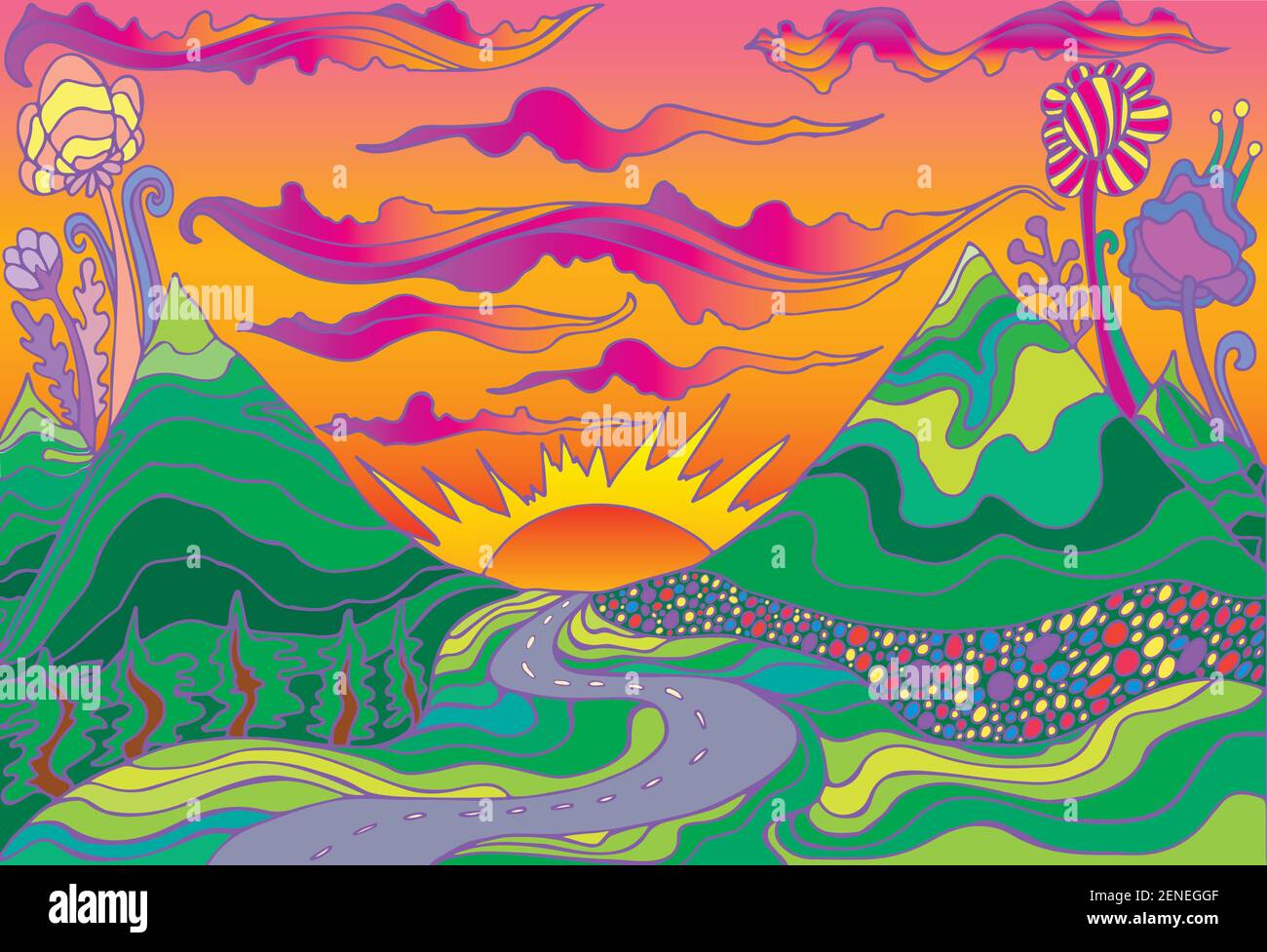 Retro hippie style psychedelic landscape with mountains, sun and the ...