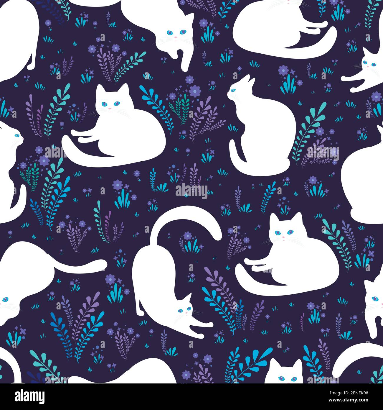 Beautiful white cats in different poses on a background of flowers ...