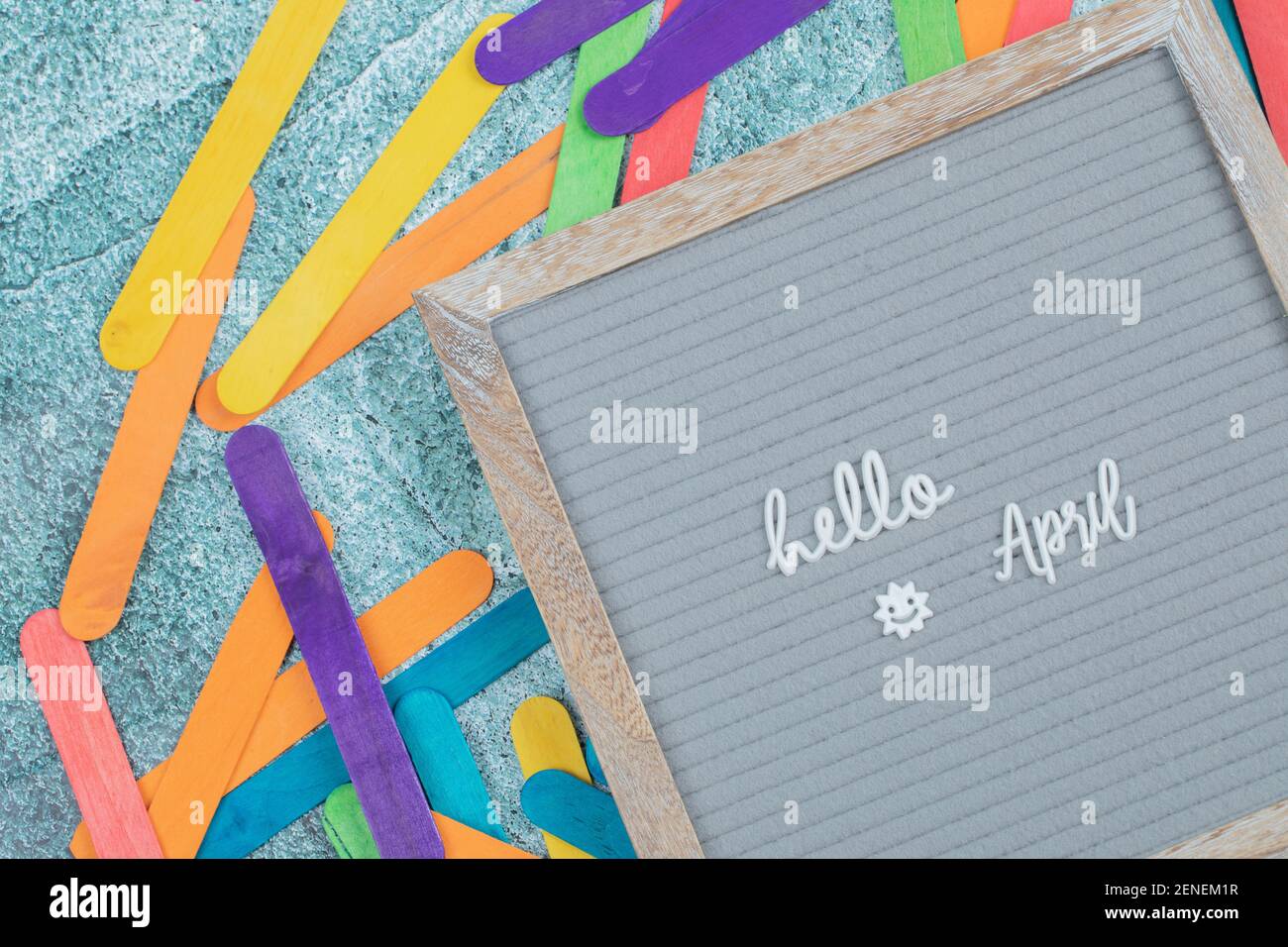 Happy april poster with colorful stickers around Stock Photo - Alamy