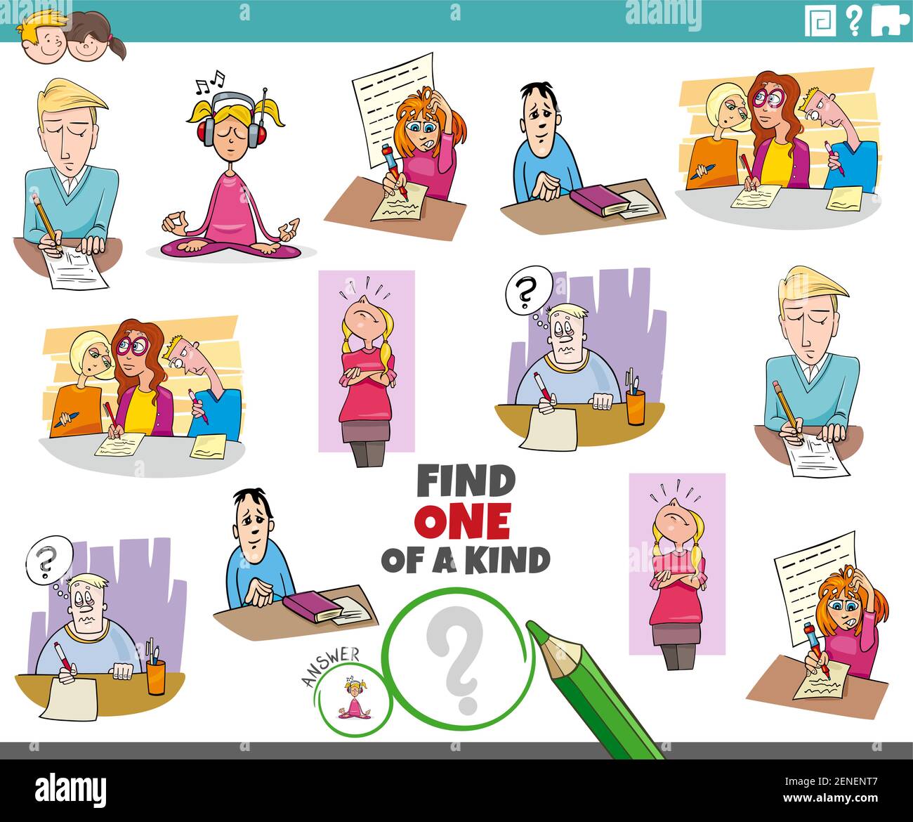 Cartoon illustration of find one of a kind picture educational game ...