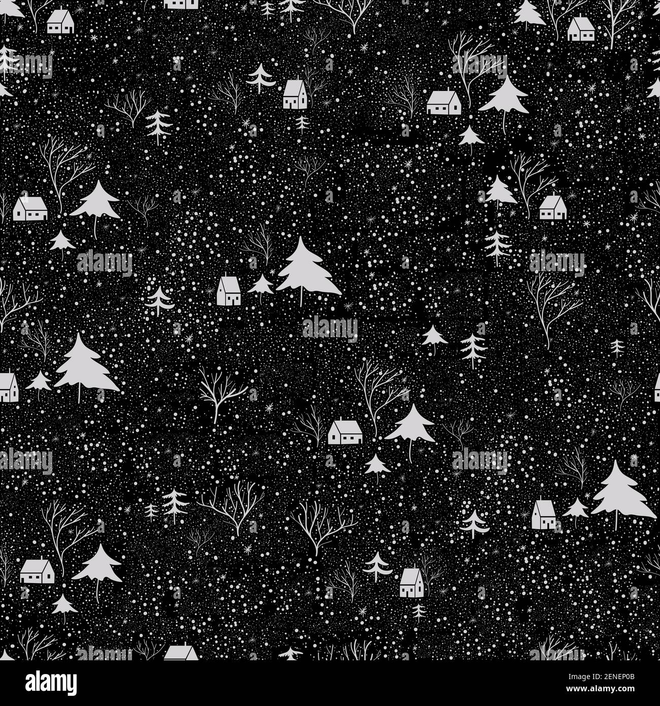 Magical winter seamless pattern with snowy houses, Christmas trees and ...