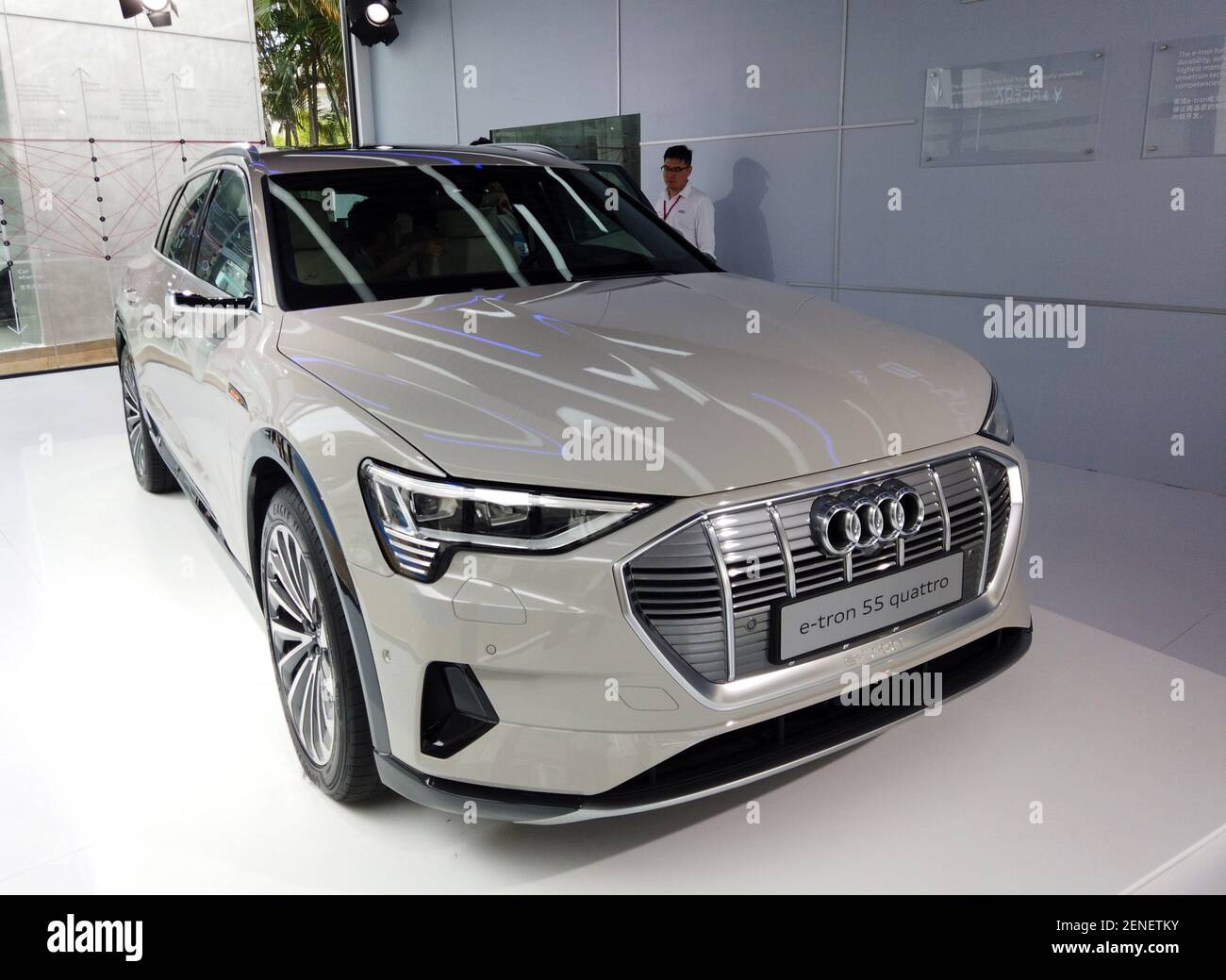 An Audi e-tron 55 quattro car is displayed during an automobile ...