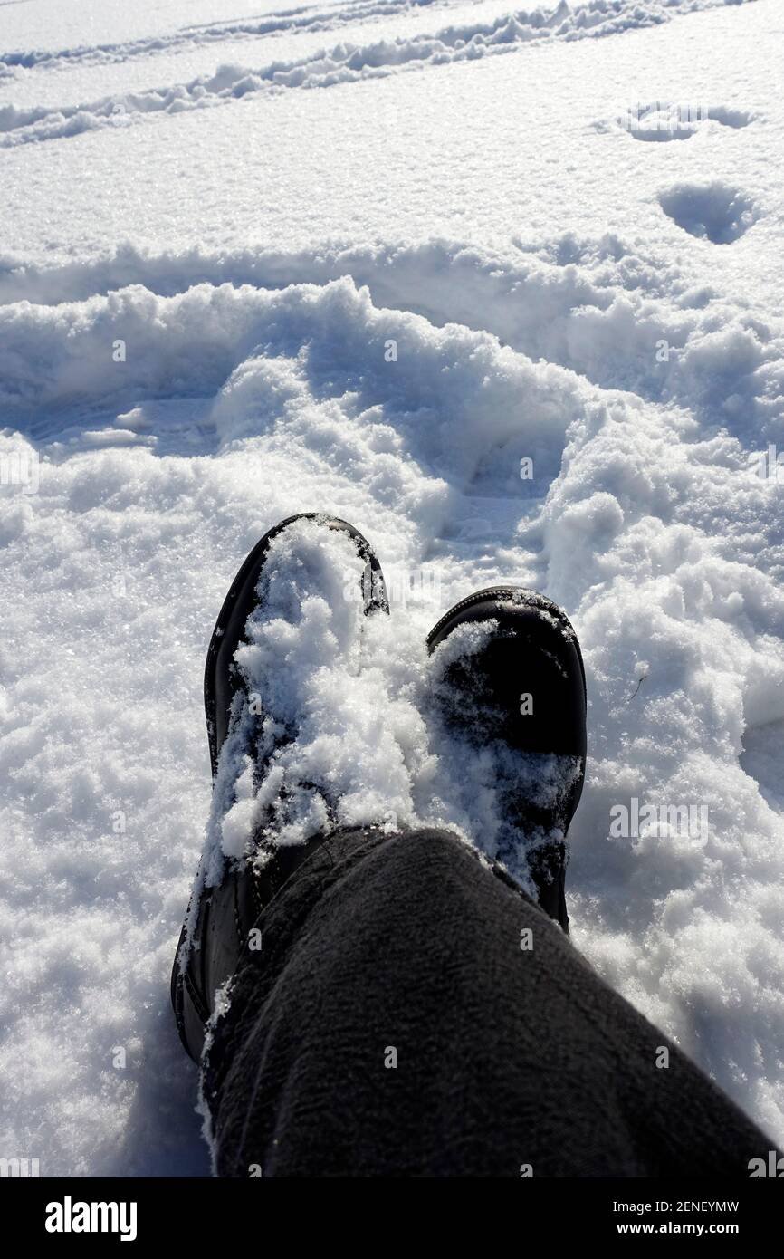 Black shoes in powder snow Stock Photo - Alamy