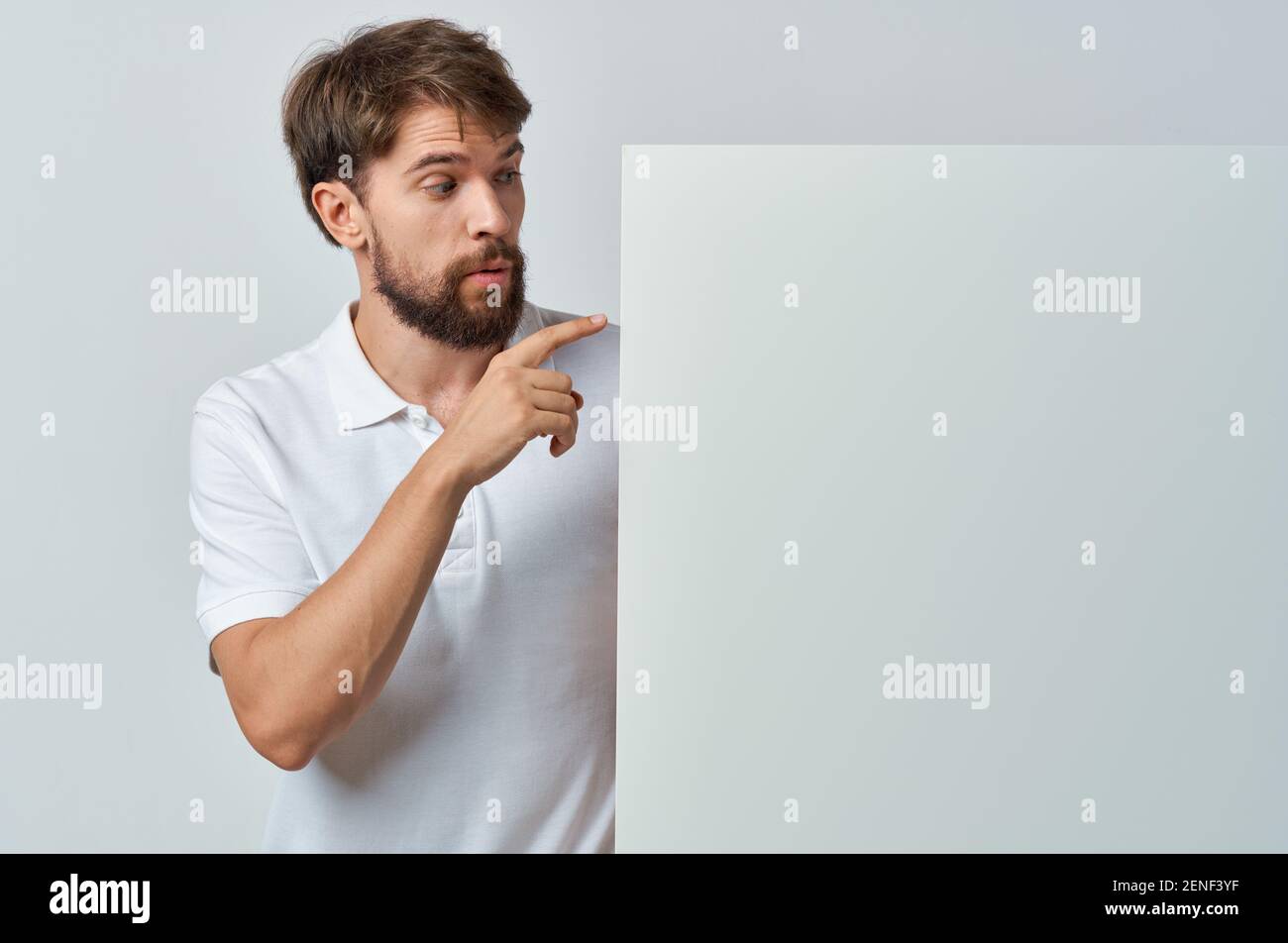man in white shirt white banner poster advertising presentation Stock ...