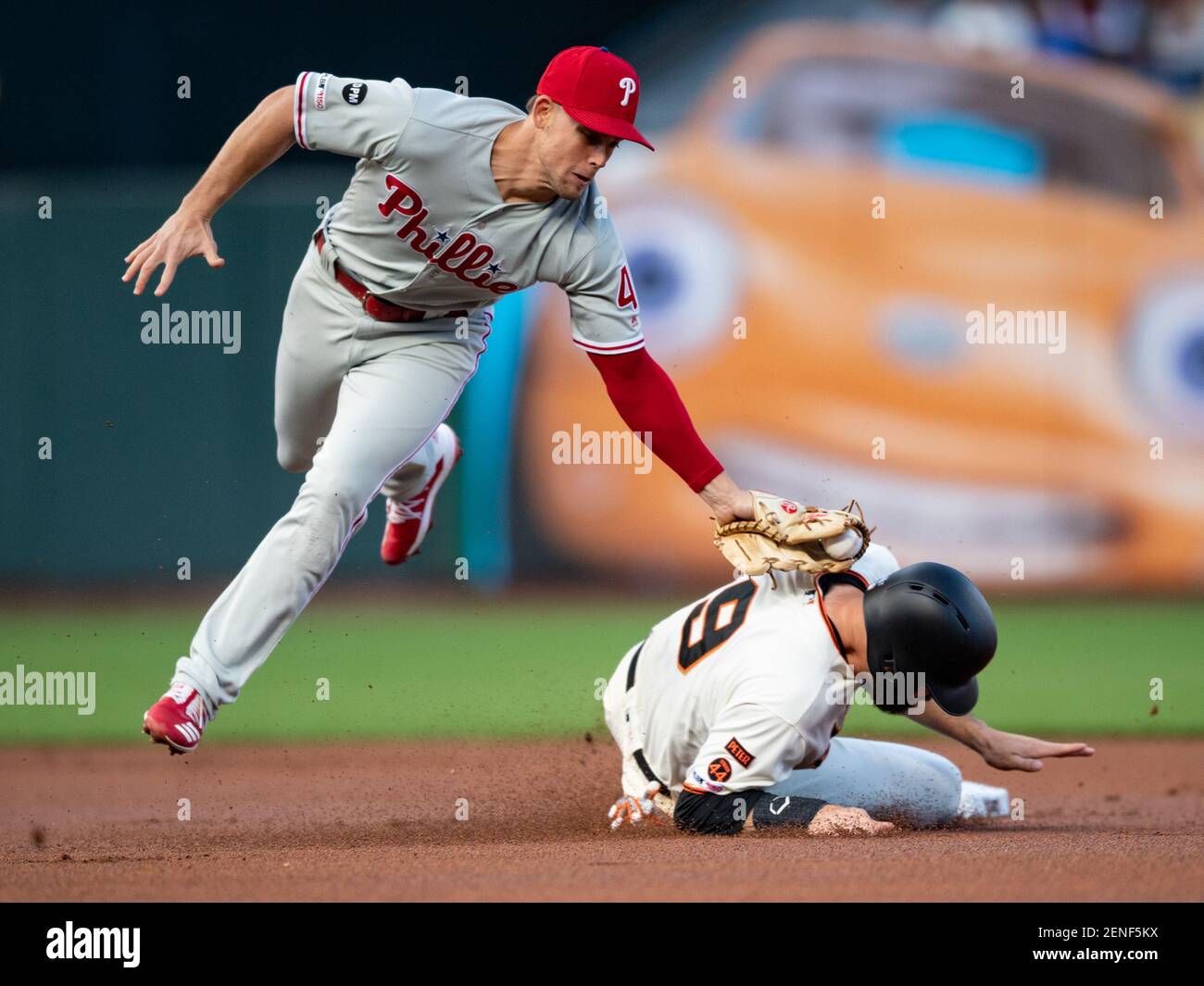 August 08, 2019: San Francisco Giants first baseman Brandon Belt (9) is caught stealing second ...