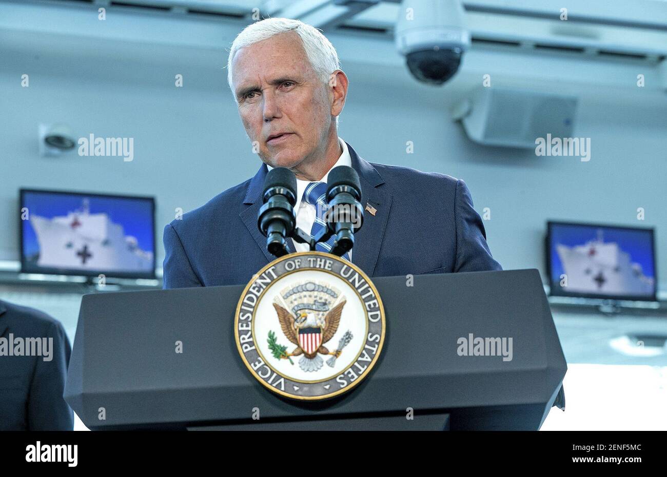 Vice President Mike Pence speaks after visiting the U.S. Navy hospital ...