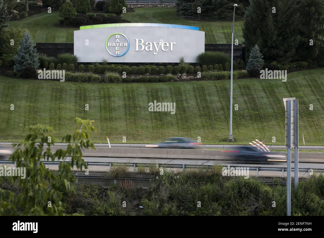 A logo sign outside of a facility occupied by Bayer in Pittsburgh ...
