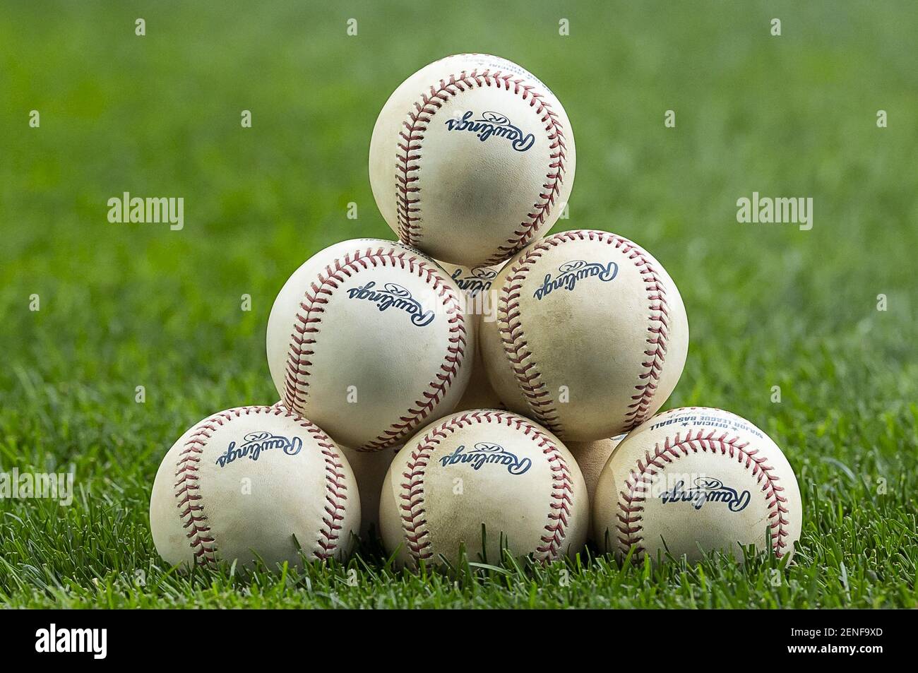 August 9, 2019: A stack of Rawlings baseballs stacked as a pyramid in ...