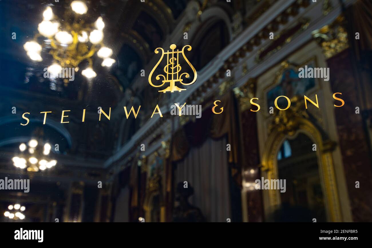Lviv, Ukraine - June 12, 2020: Steinway & Sons logo on black pianoforte ...