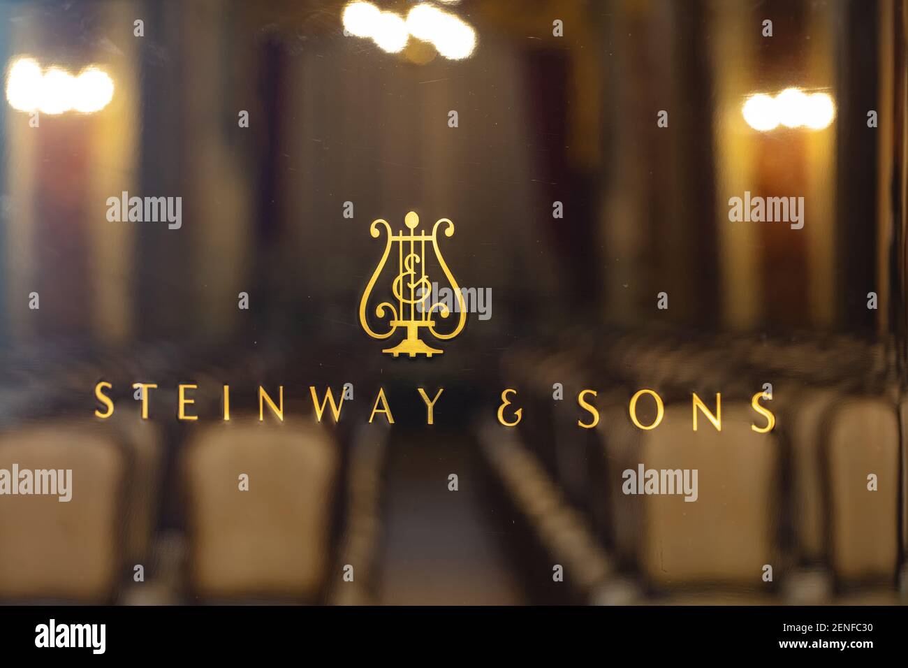 Lviv, Ukraine - June 12, 2020: Steinway & Sons logo on black pianoforte ...