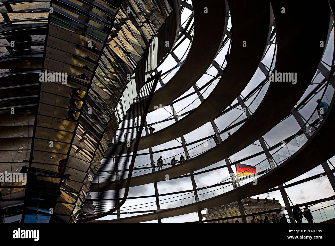 Interior view of glass dome of the Reichstag, Berlin designed by Norman ...
