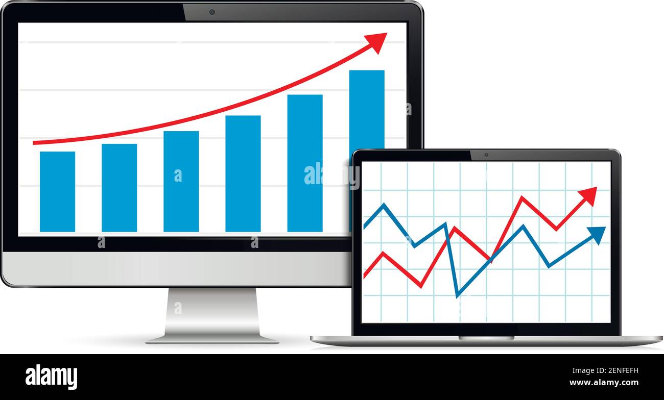 Realistic computer monitor and laptop mock up with analytics dashboards ...