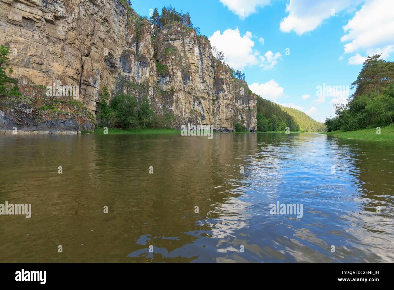 Colorful landscape with mountains and a beautiful calm river in Russia ...