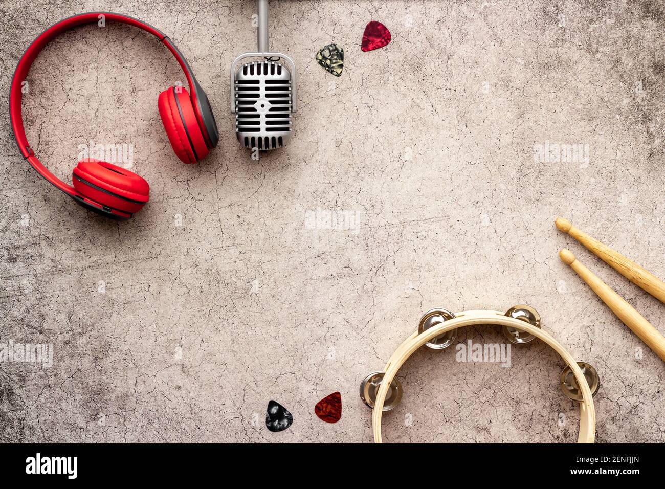 Frame of of music background - instrument with microphone, top view ...