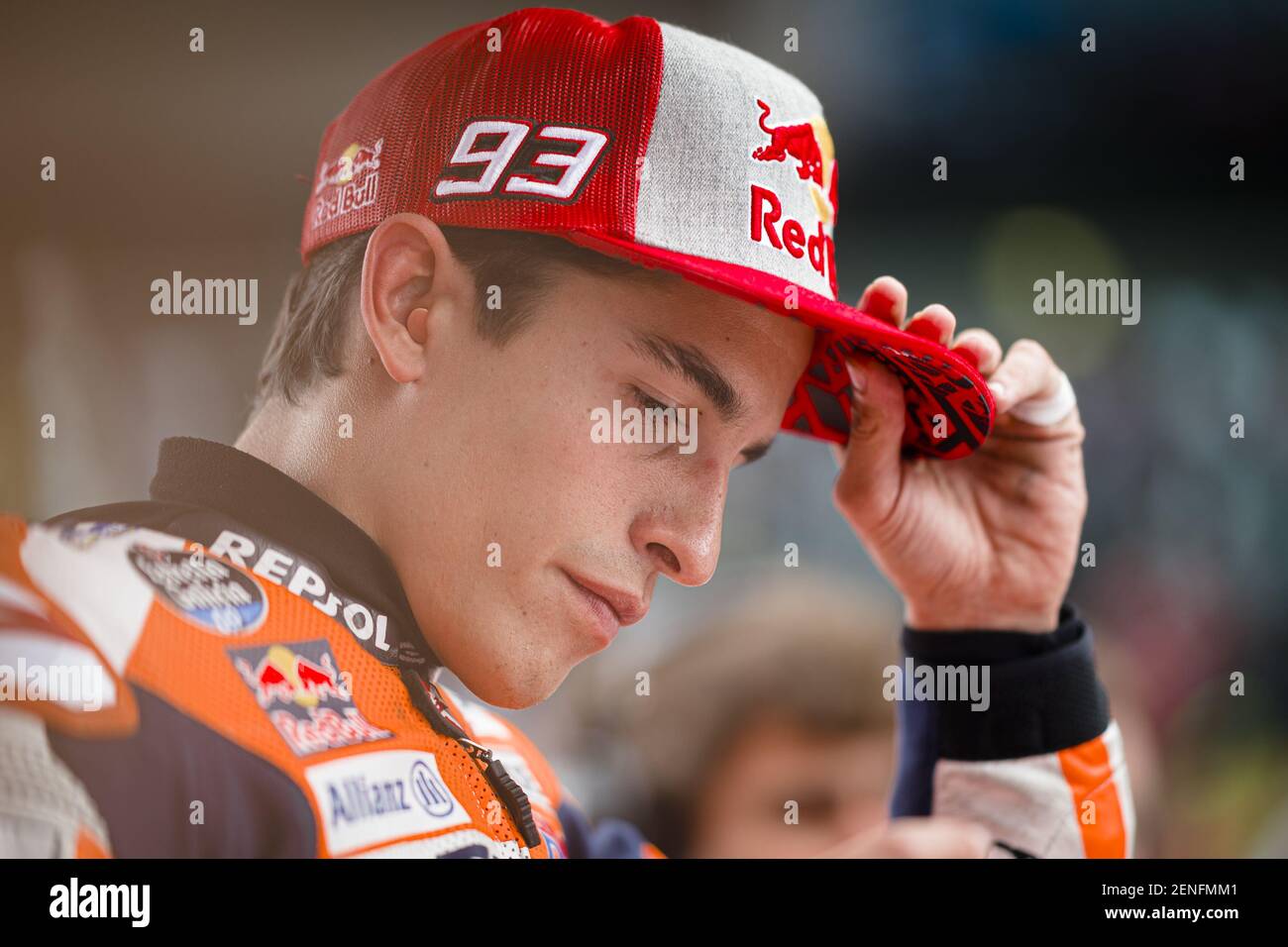 Repsol Honda Team's Spanish rider Marc Marquez looks on as he sits on ...