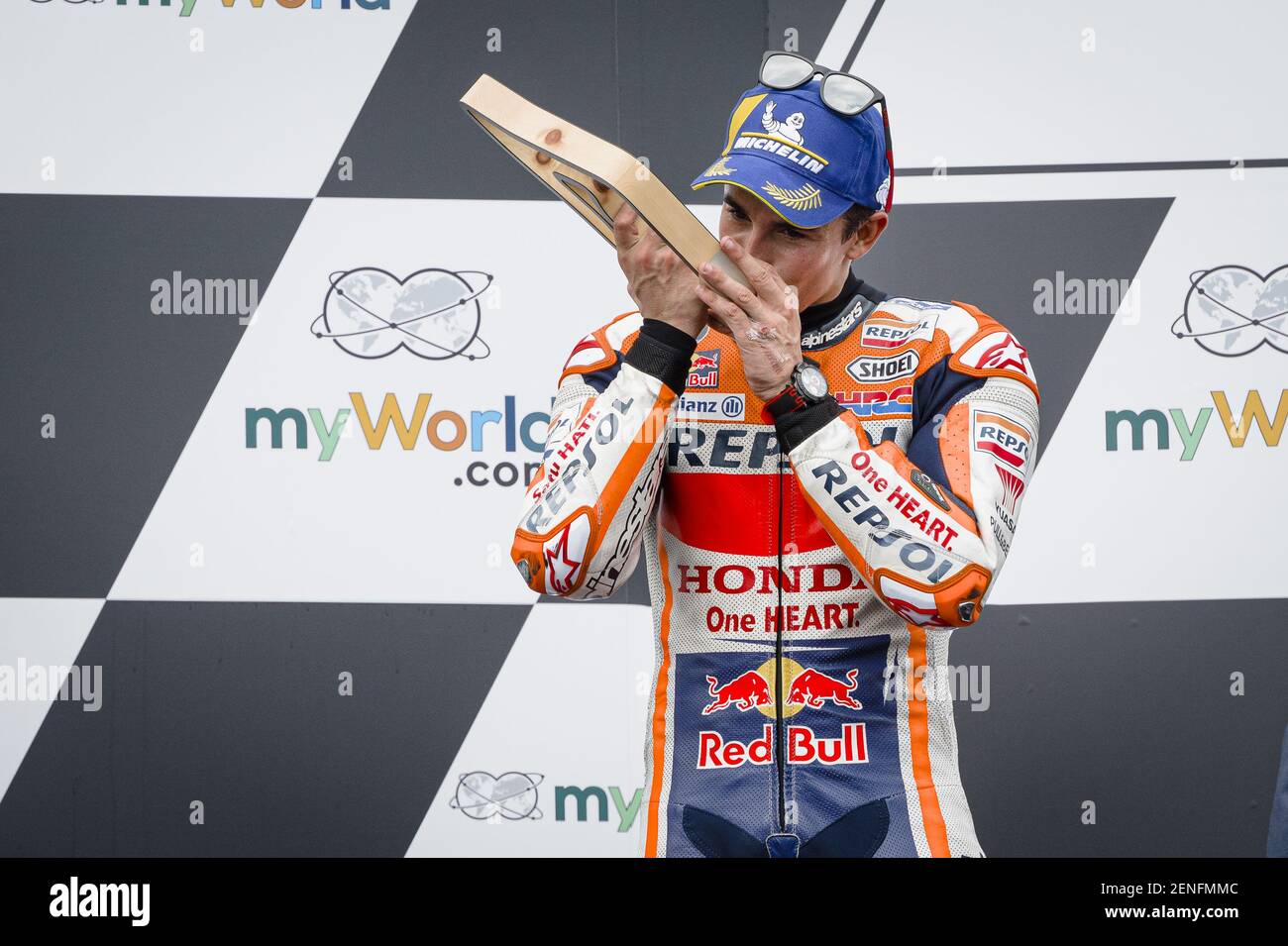 Repsol Honda Team's Spanish rider Marc Marquez celebrates after placing ...