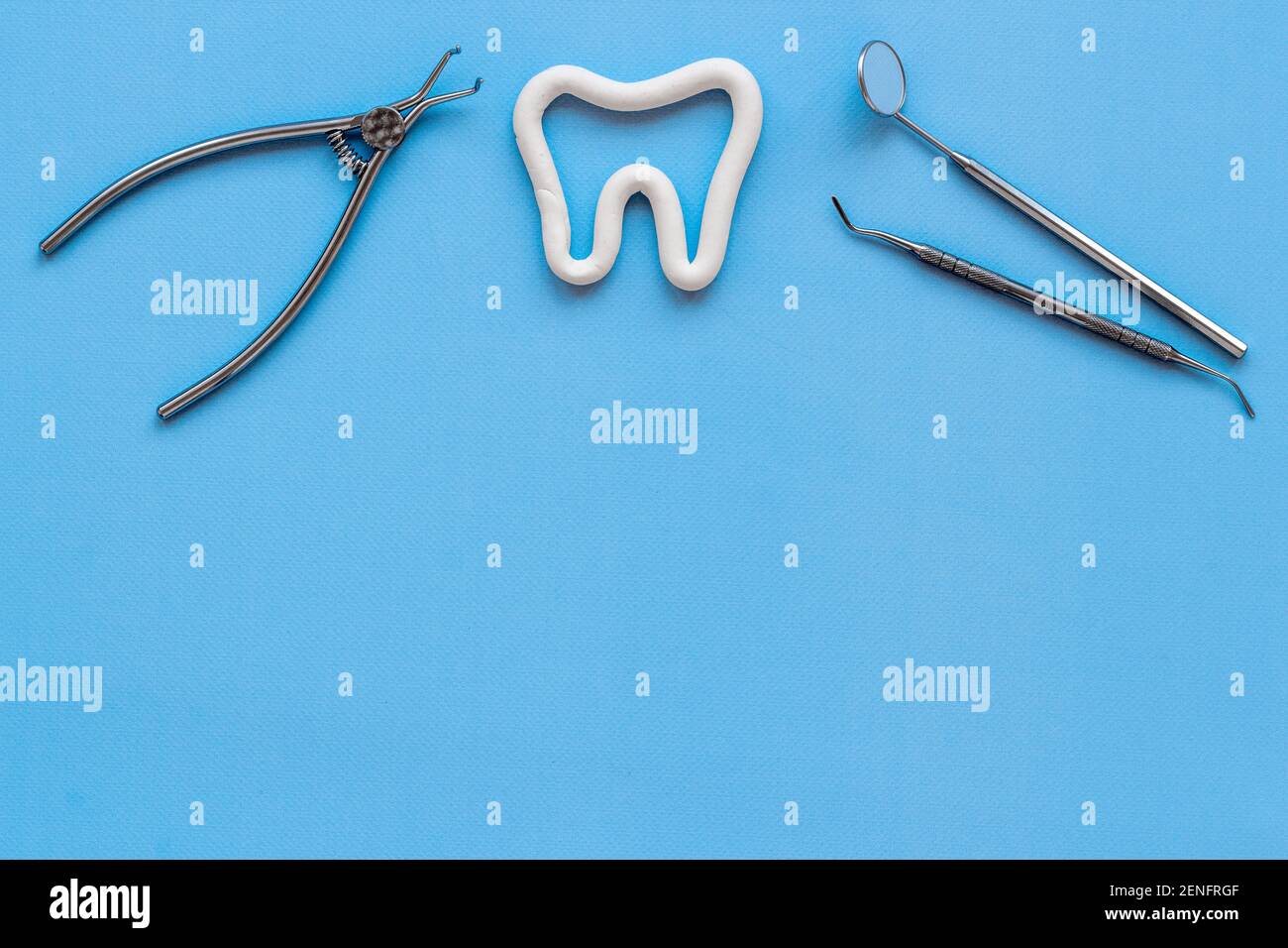 Flat lay of dental equipment tools. Dental care and oral hygiene ...
