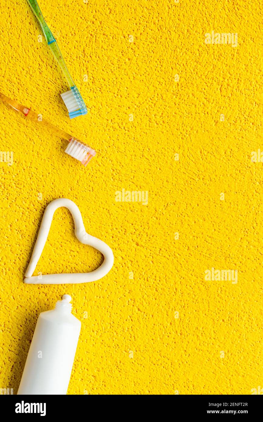 Teeth hygiene concept. Toothbrushes with toothpaste, top view Stock ...