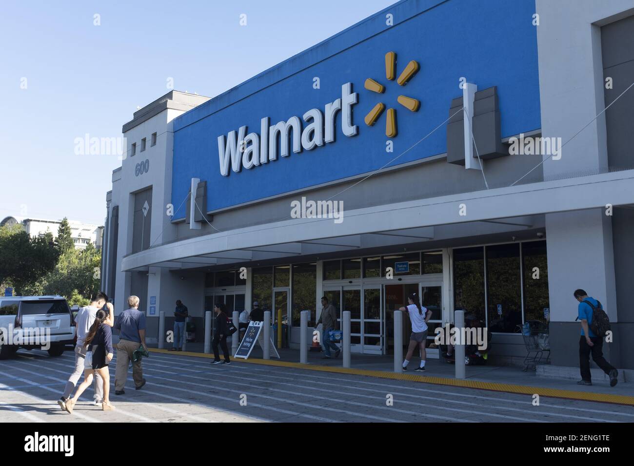 Walmart logo is seen at a store on August 13, 2019 in Mountain View ...