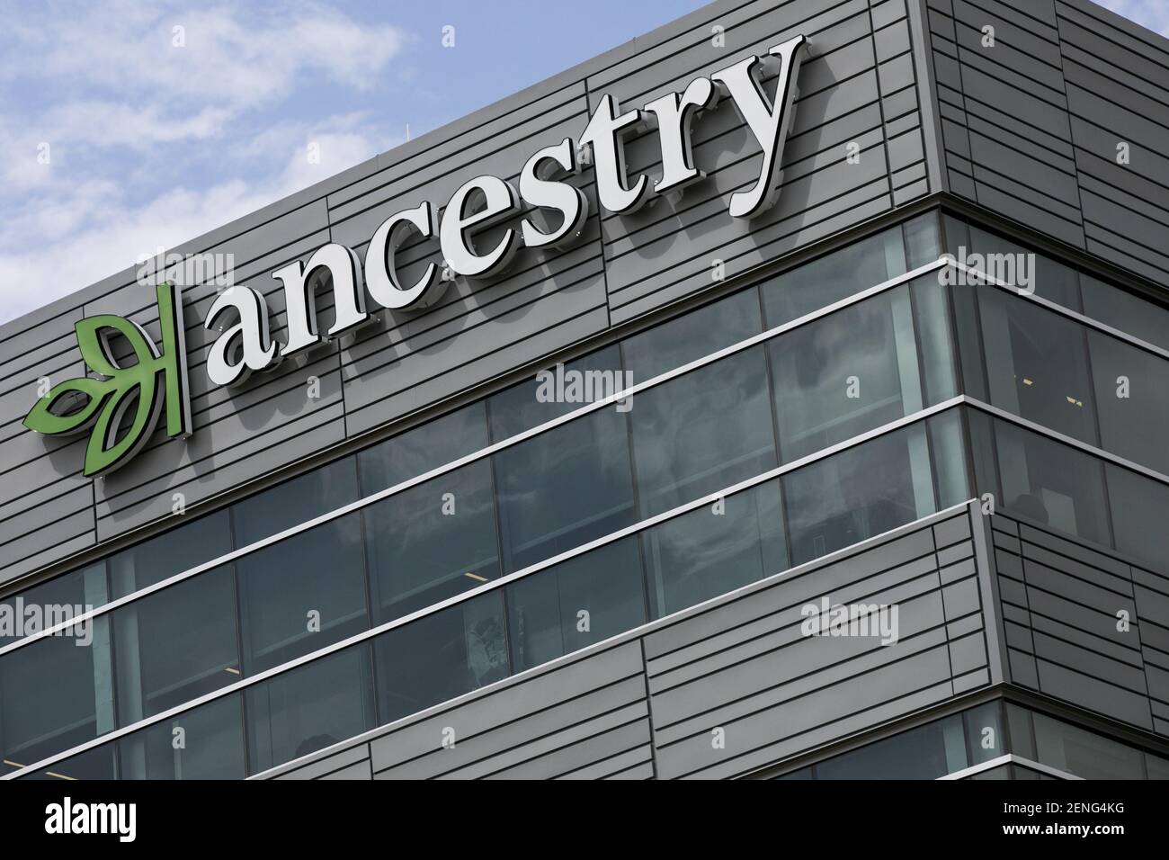 A logo sign outside of the headquarters of Ancestry (Ancestry.com) in ...