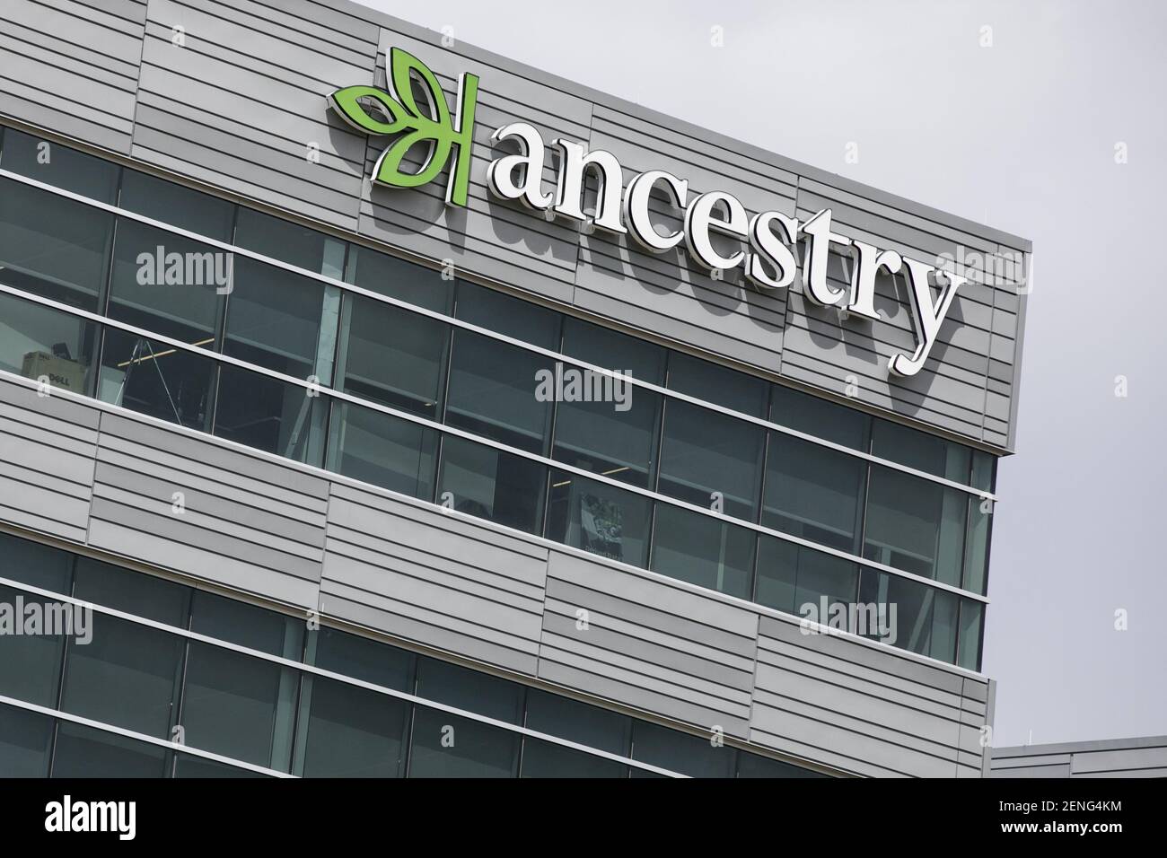 A logo sign outside of the headquarters of Ancestry (Ancestry.com) in ...