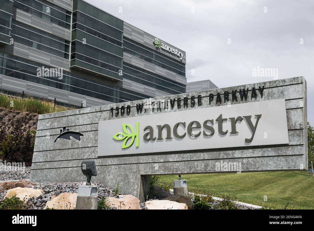A logo sign outside of the headquarters of Ancestry (Ancestry.com) in Lehi, Utah on July 27 ...