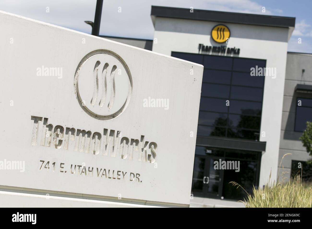 A logo sign outside of the headquarters of ThermoWorks in American Fork ...