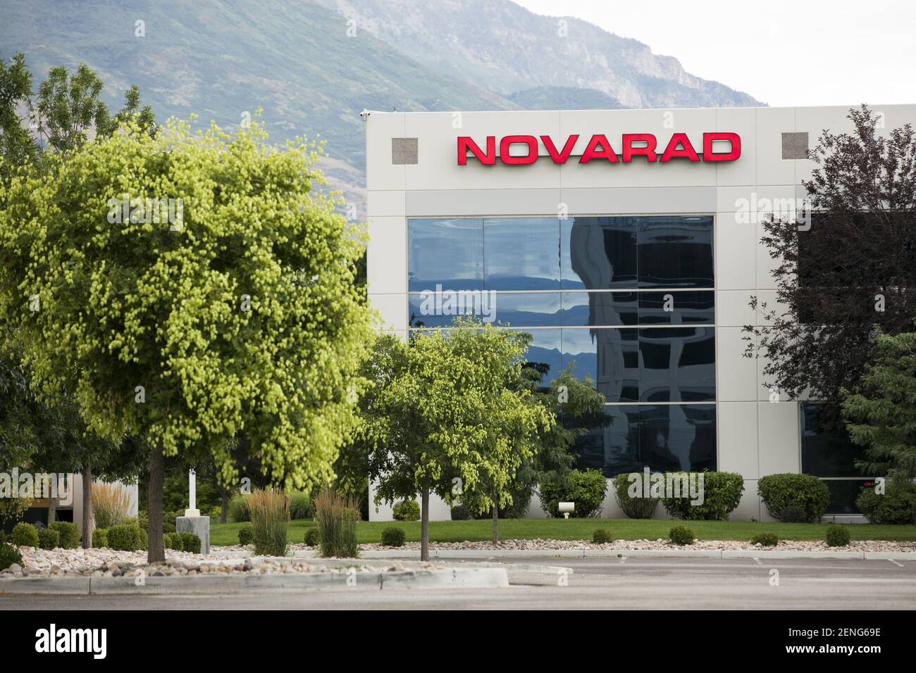 A logo sign outside of the headquarters of Novarad in American Fork ...