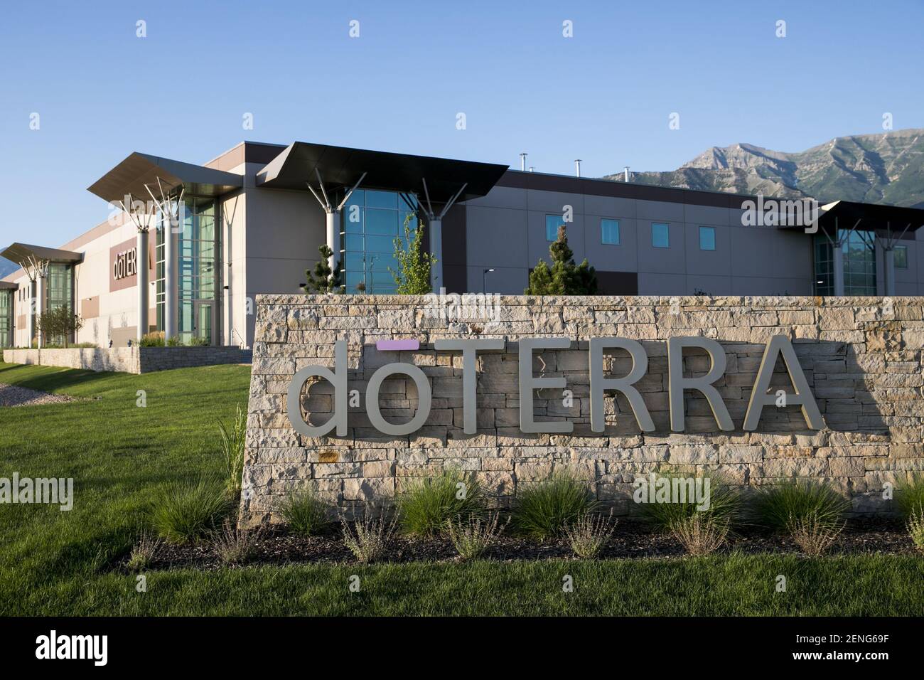A logo sign outside of the headquarters of doTerra in Pleasant Grove ...