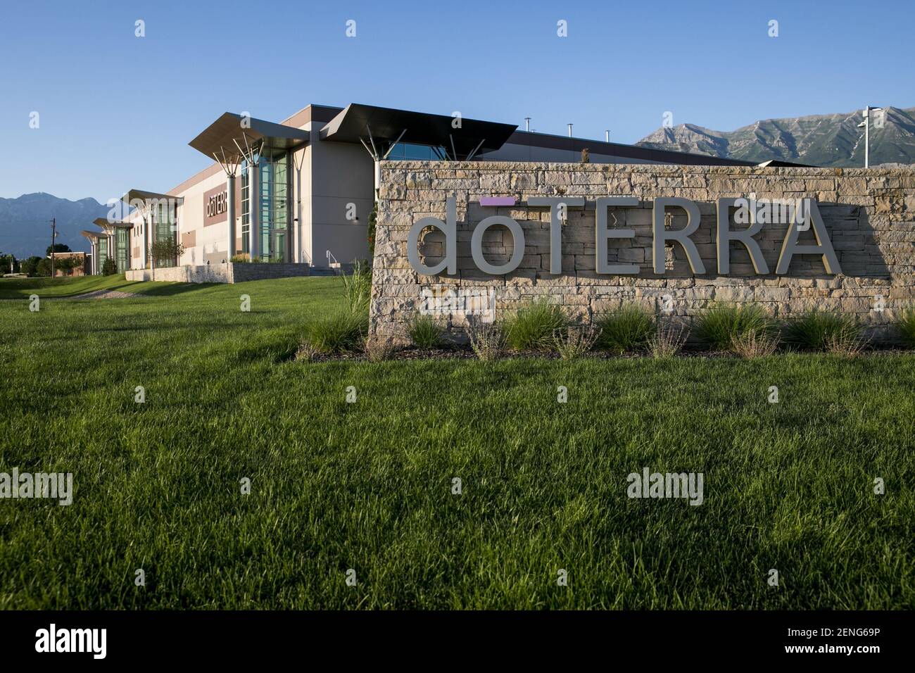 A logo sign outside of the headquarters of doTerra in Pleasant Grove ...