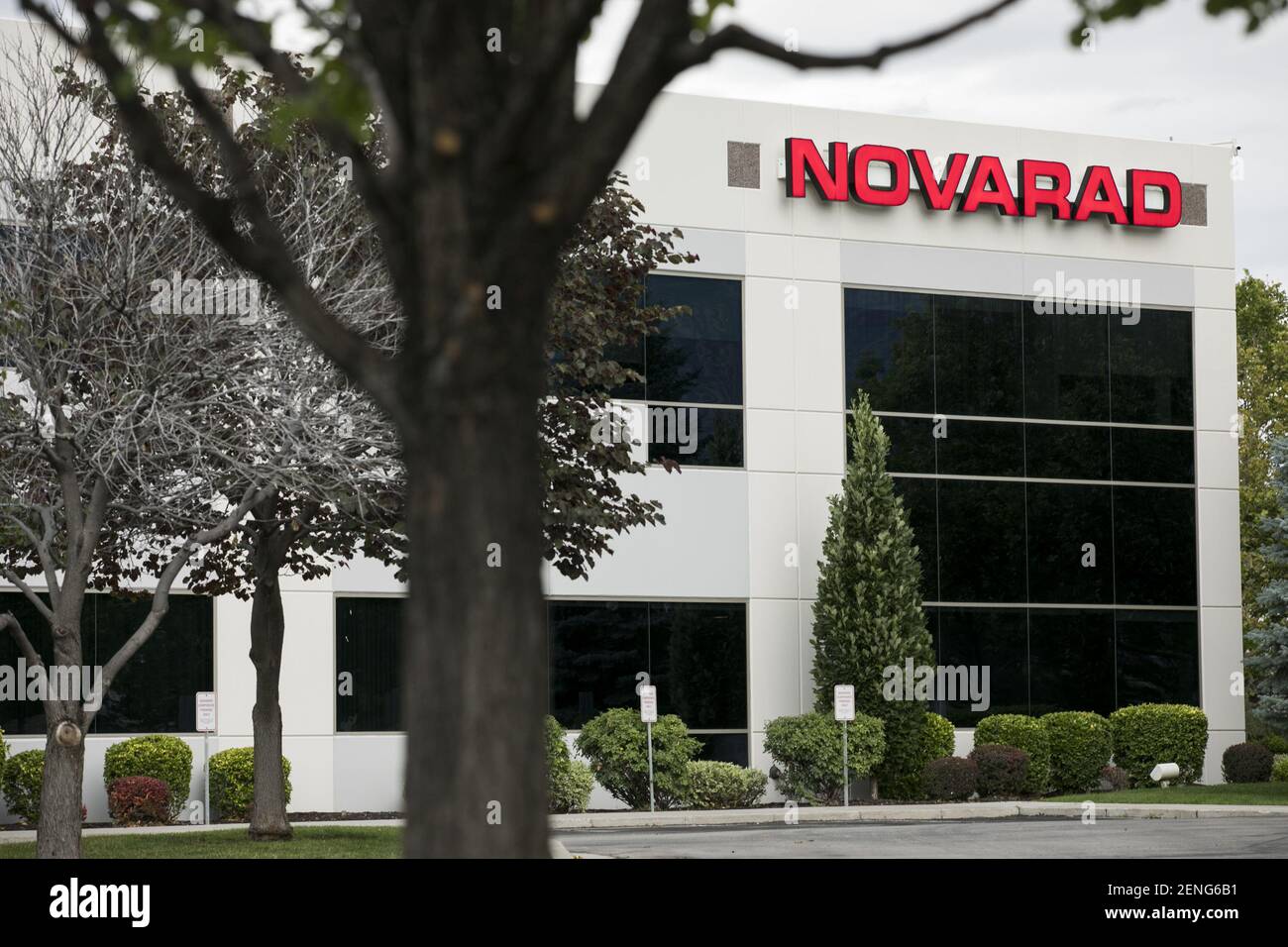A logo sign outside of the headquarters of Novarad in American Fork ...
