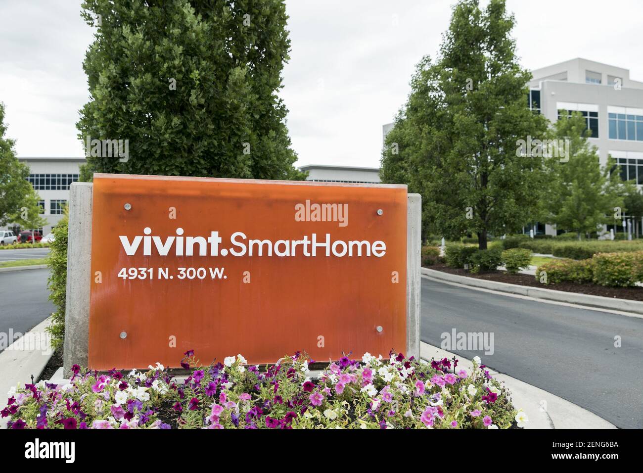 A logo sign outside of the headquarters of Vivint Smart Home in Provo ...