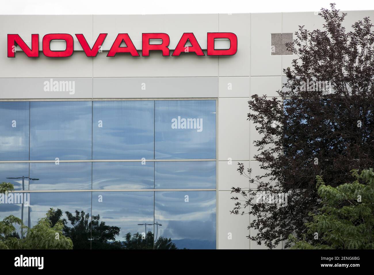 A logo sign outside of the headquarters of Novarad in American Fork ...