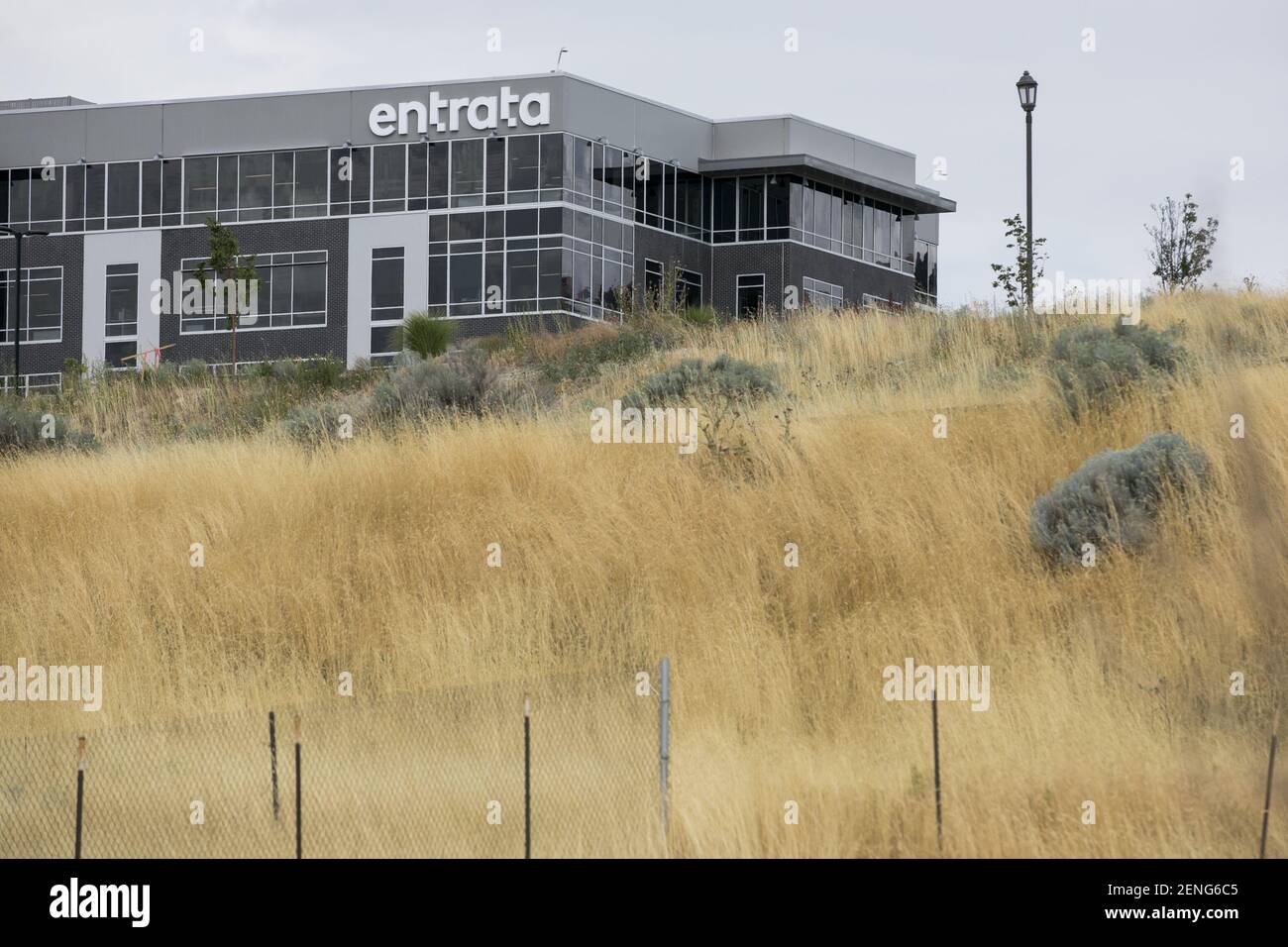 A logo sign outside of the headquarters of Entrata, Inc., in Lehi, Utah ...